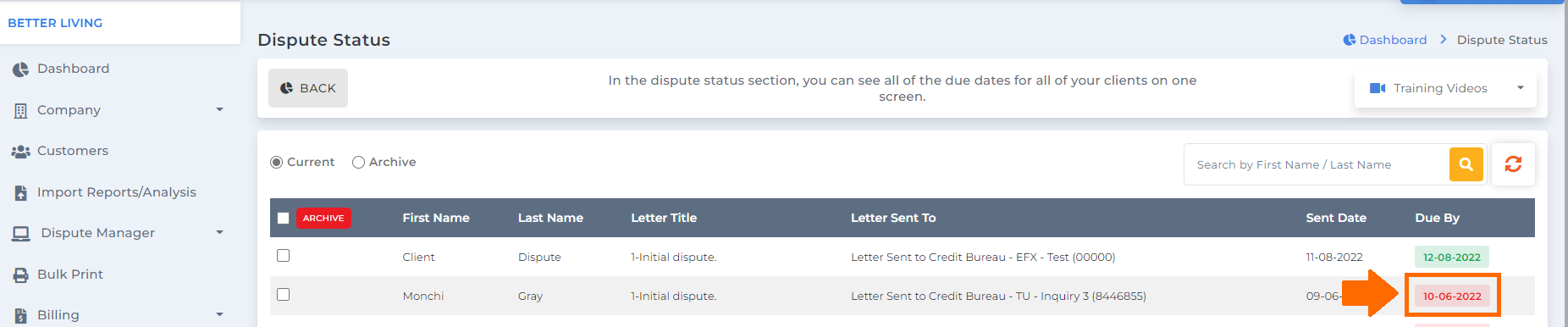 Client Dispute Manager Software: Dispute Status Feature