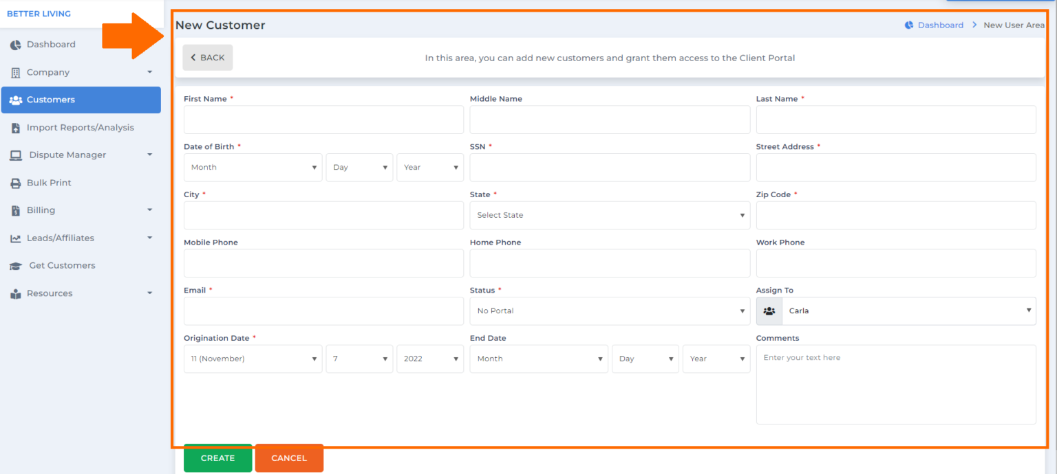 Client Dispute Manager Software: Add New Customer
