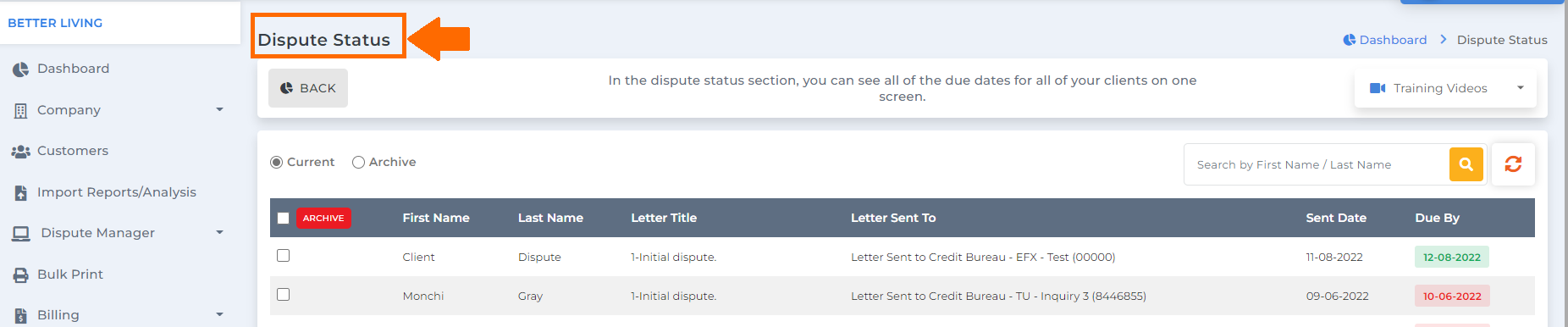 Client Dispute Manager Software: Dispute Status Feature