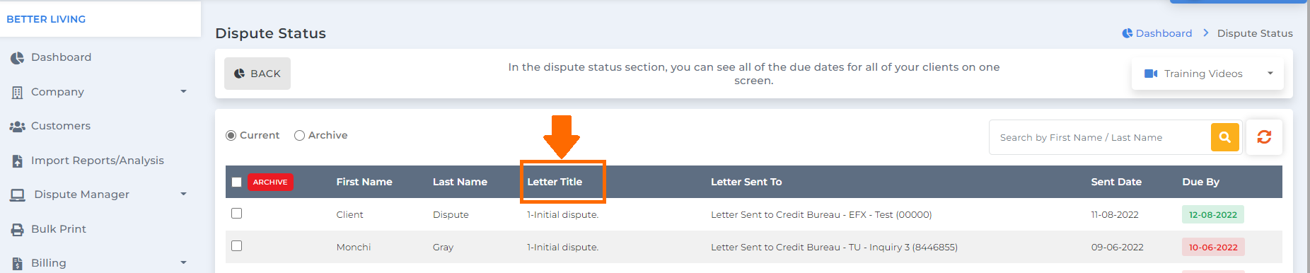 Client Dispute Manager Software: Dispute Status Feature